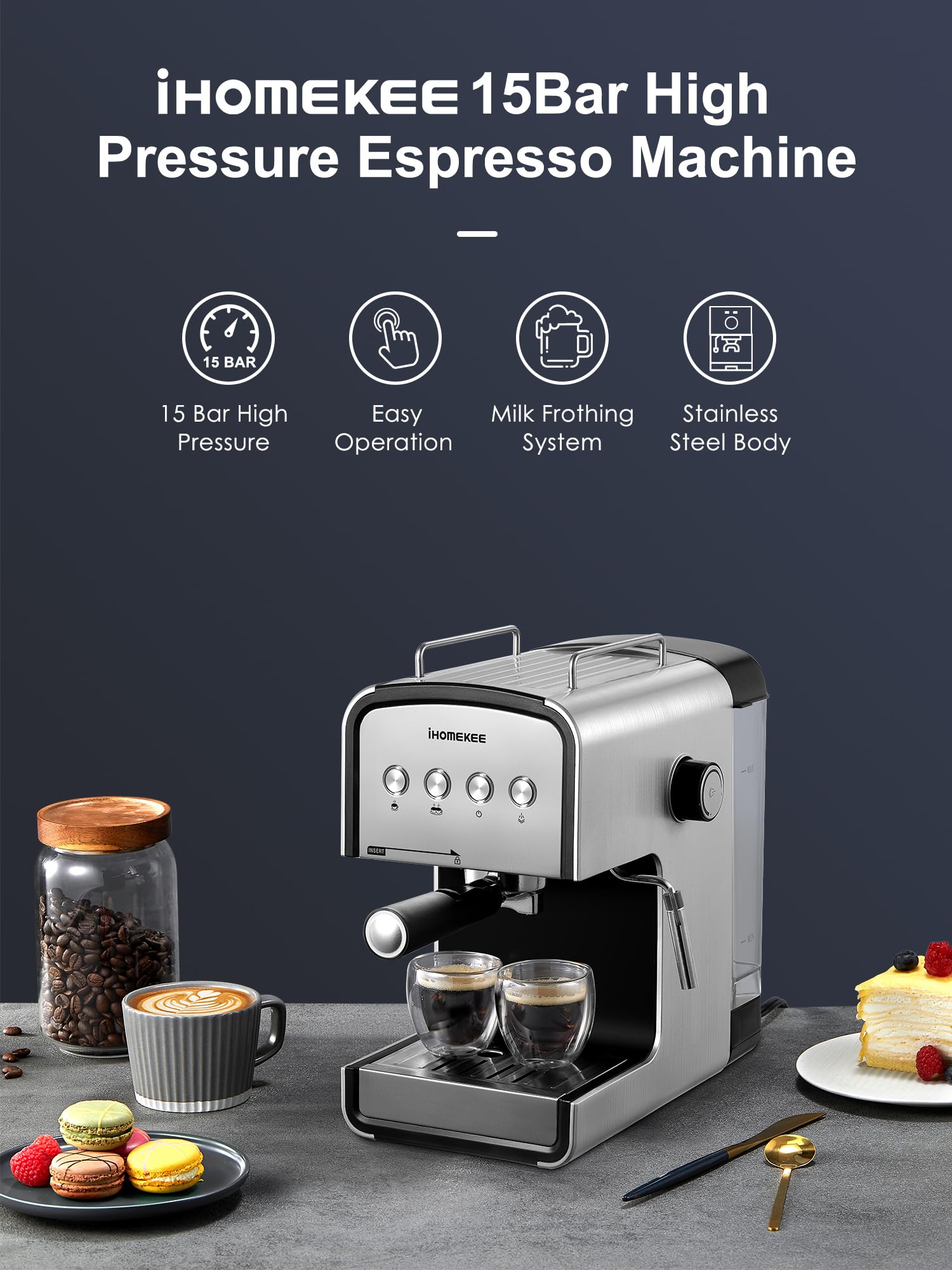 Ihomekee Espresso machine, CM6822 15 Bar Coffee Maker for Cappuccino and Latte Maker With Milk Frother, Removable Water Tank, Fast Heating Coffee Machine for Home, Office