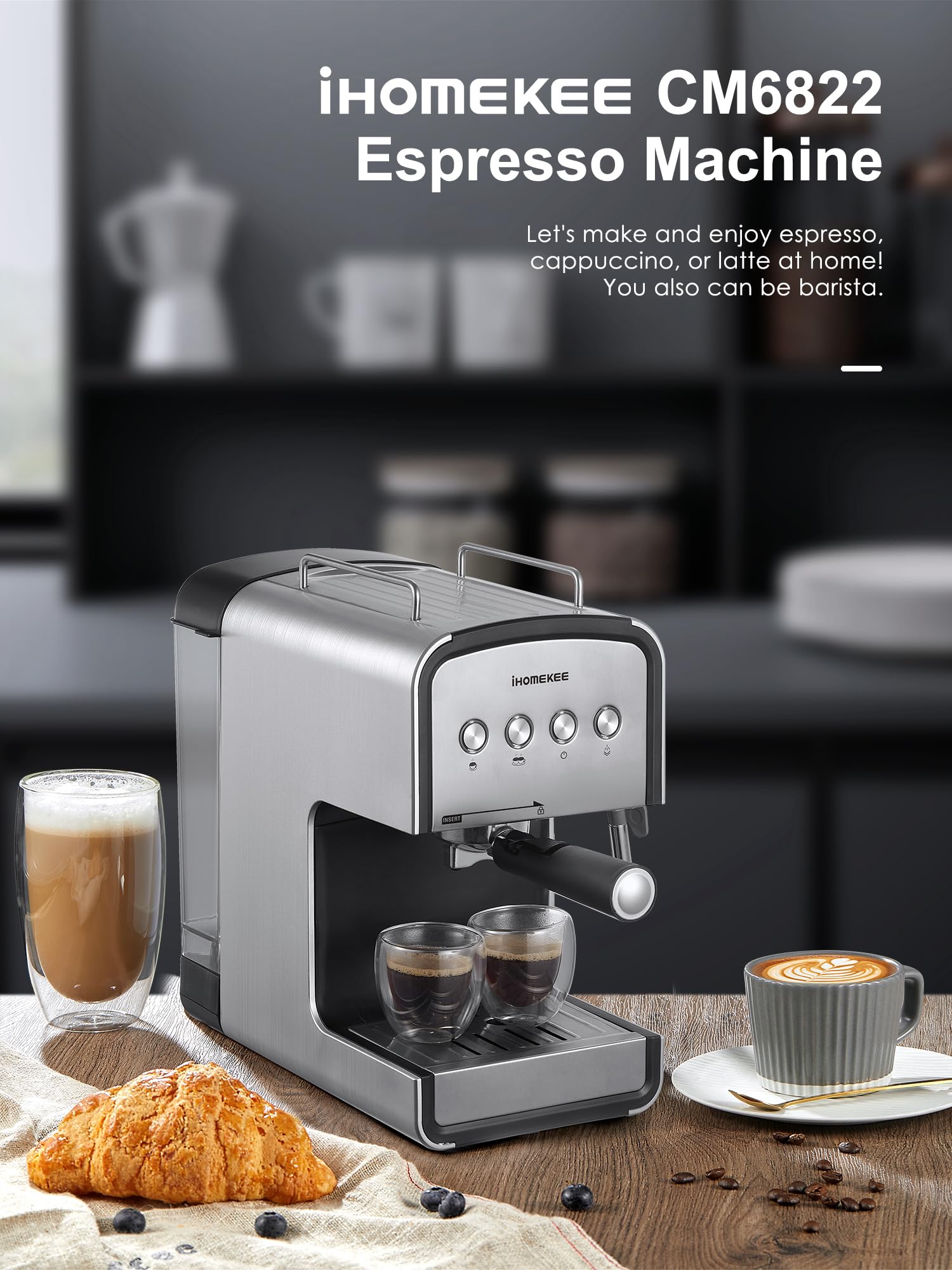 Ihomekee Espresso machine, CM6822 15 Bar Coffee Maker for Cappuccino and Latte Maker With Milk Frother, Removable Water Tank, Fast Heating Coffee Machine for Home, Office