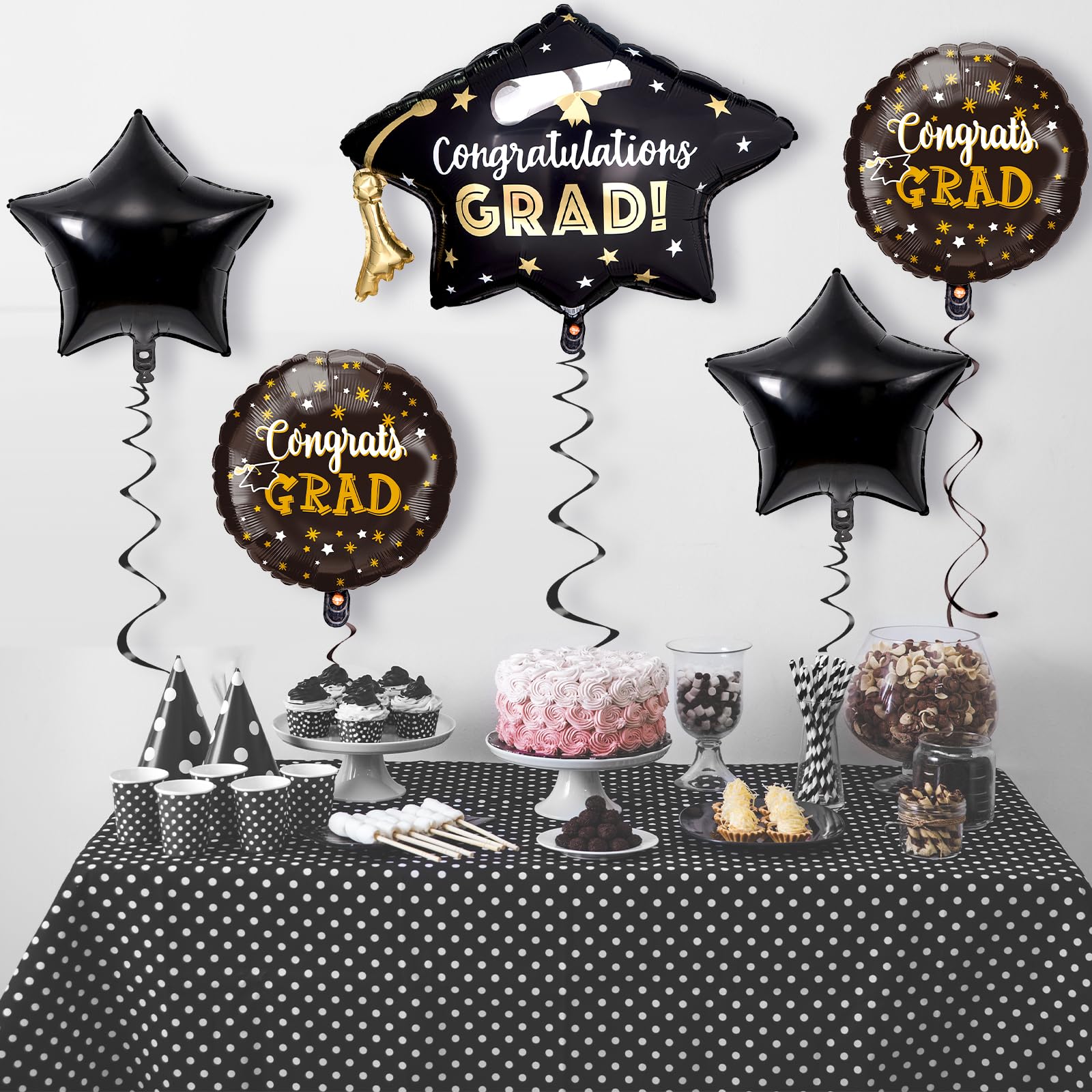 5Pcs Graduation Foil Balloons Class of 2024 Congrats Grad Mylar Balloons Decorations Set with Black Diploma Bachelor Cap Star Aluminum Helium Balloons for College Congratulations Graduate Party Decor