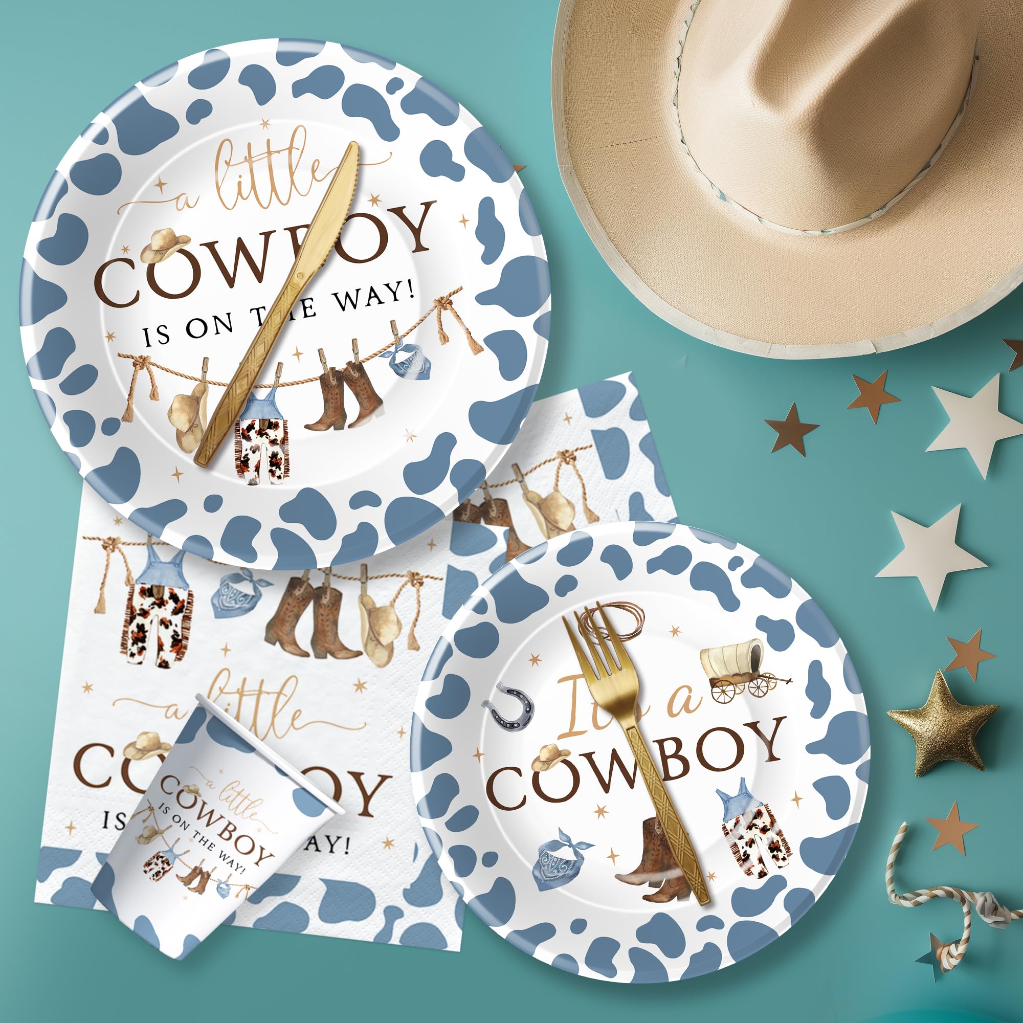 Xenorik Western Cowboy Baby Shower Decorations Tableware - Little Cowboy Baby Boy Table Decorations, Plate, Cup, Napkin, Tablecloth, Cutlery, Cowboy Wild West Rodeo Baby Shower Supplies | Serve 24