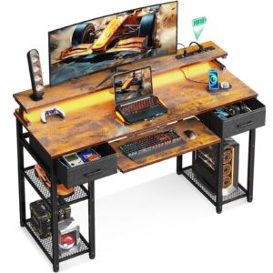 odk computer desk with led lights & power outlet, 48 inch gaming desk with keyboard tray & drawers & storage shelves, office table work desk with monitor stand & pc stand, rustic brown