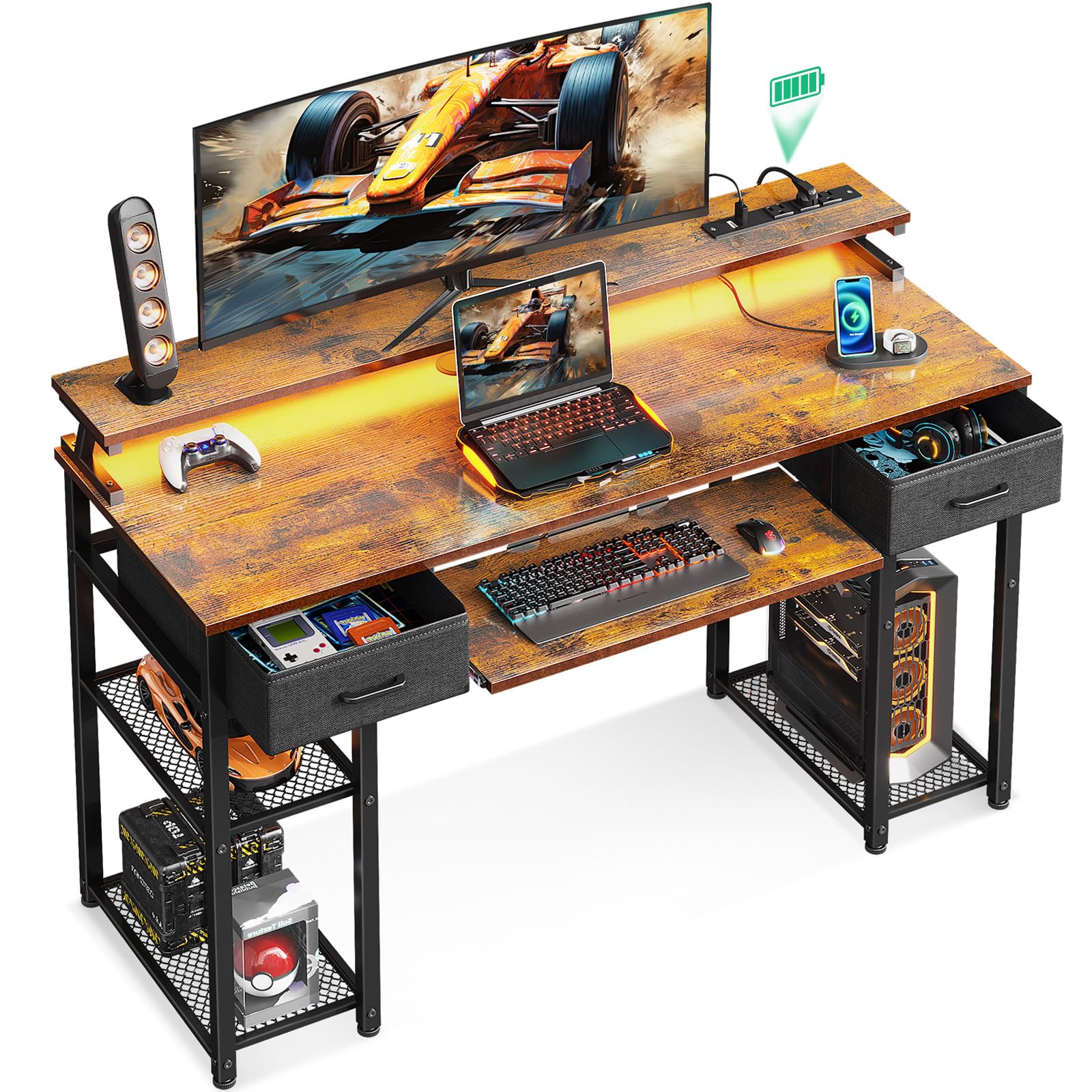 ODK Computer Desk with LED Lights & Power Outlet, 48 Inch Gaming Desk with Keyboard Tray & Drawers & Storage Shelves, Office Table Work Desk with Monitor Stand & PC Stand, Rustic Brown