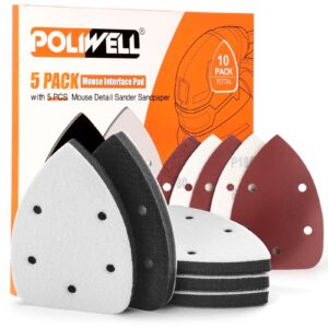 poliwell 5 pack mouse sanding interface pad hook and loop, triangle sanding pad with 5 holes, mouse sander sandpaper backing pad come with 5p mouse sander sandpaper (40-240 grits) for detail sanding