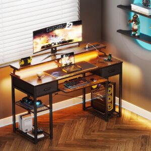 ODK Computer Desk with LED Lights & Power Outlet, 48 Inch Gaming Desk with Keyboard Tray & Drawers & Storage Shelves, Office Table Work Desk with Monitor Stand & PC Stand, Rustic Brown