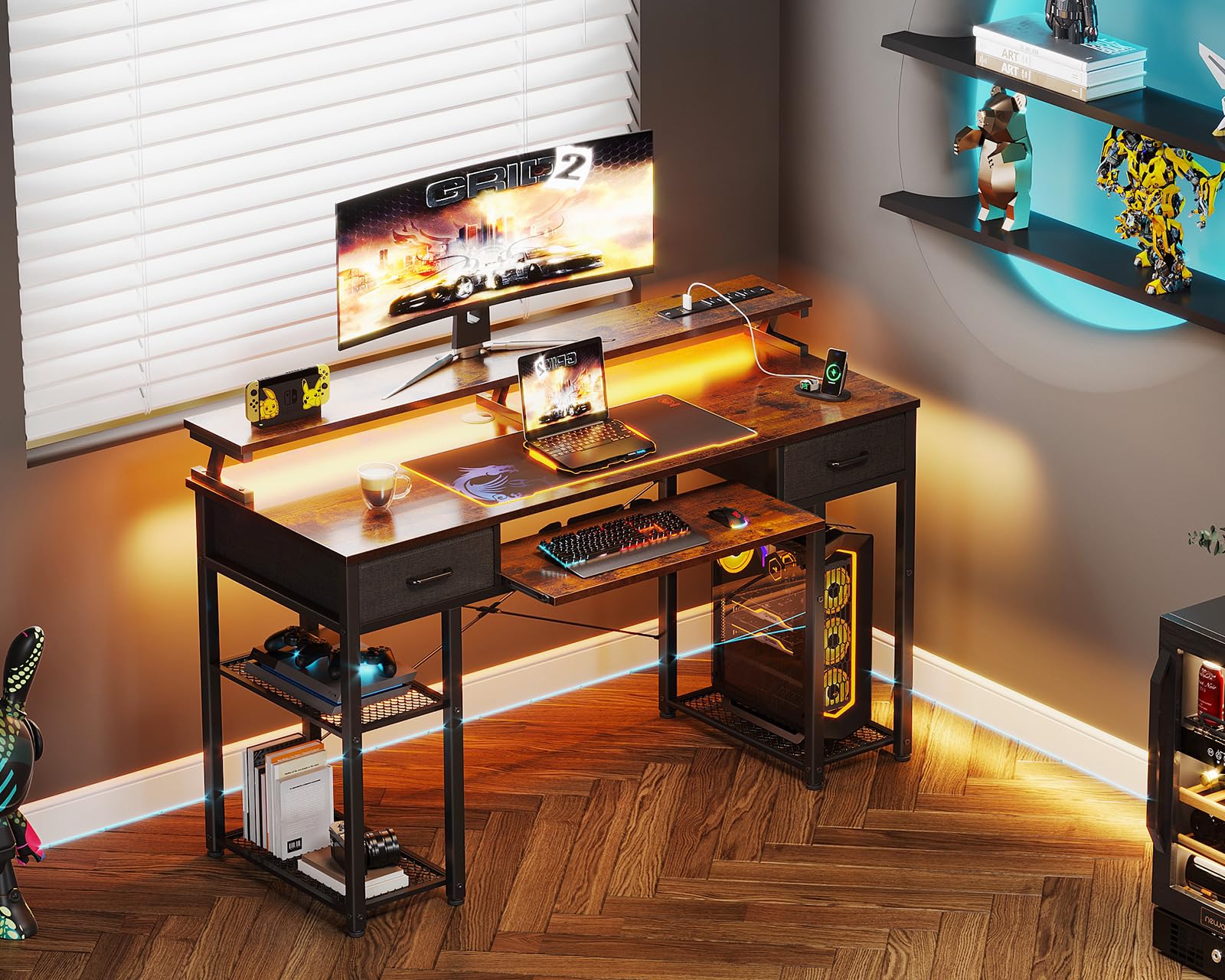 ODK Computer Desk with LED Lights & Power Outlet, 48 Inch Gaming Desk with Keyboard Tray & Drawers & Storage Shelves, Office Table Work Desk with Monitor Stand & PC Stand, Rustic Brown