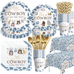 xenorik western cowboy baby shower decorations tableware - little cowboy baby boy table decorations, plate, cup, napkin, tablecloth, cutlery, cowboy wild west rodeo baby shower supplies | serve 24