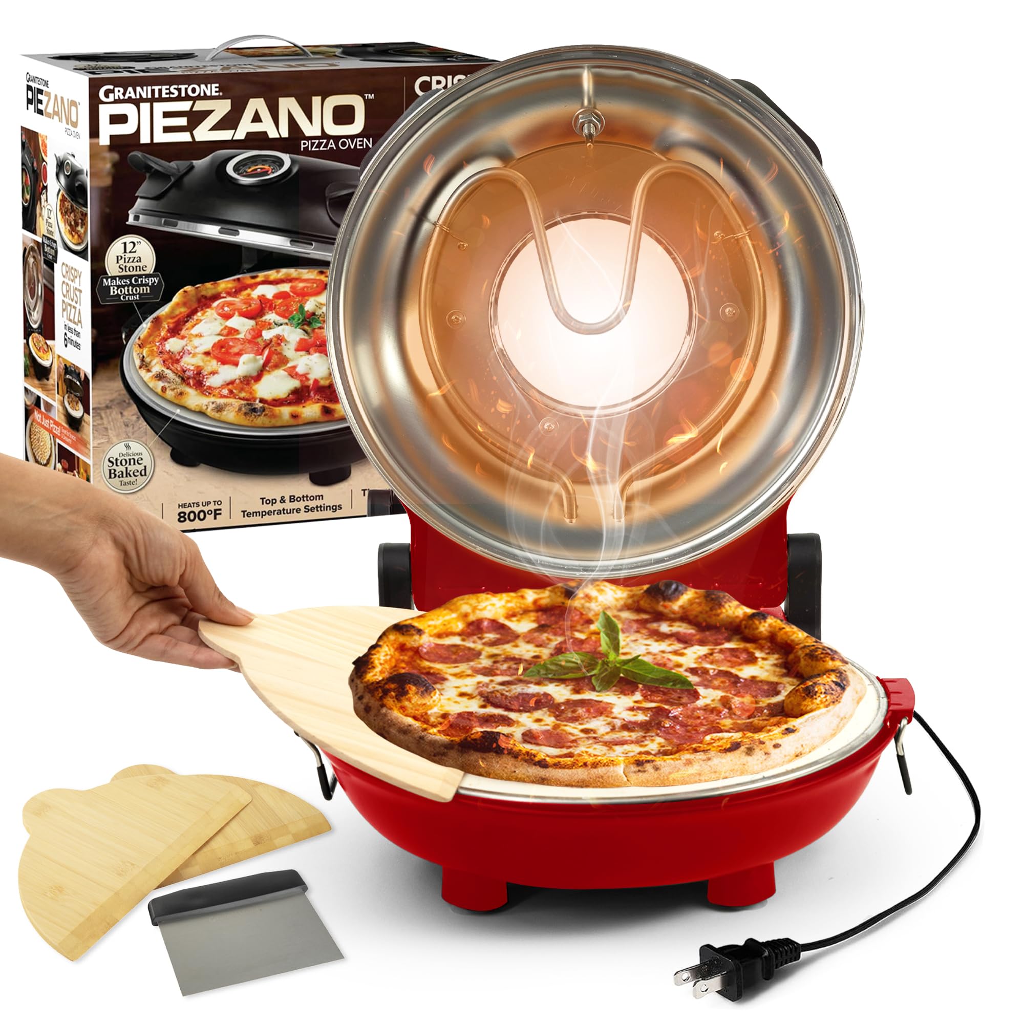 PIEZANO Crispy Crust Pizza Oven by Granitestone – Electric Pizza Oven Indoor Portable, 12 Inch Indoor Pizza Oven Countertop, Pizza Maker Heats up to 800˚F for Stone Baked Pizza at Home - Red