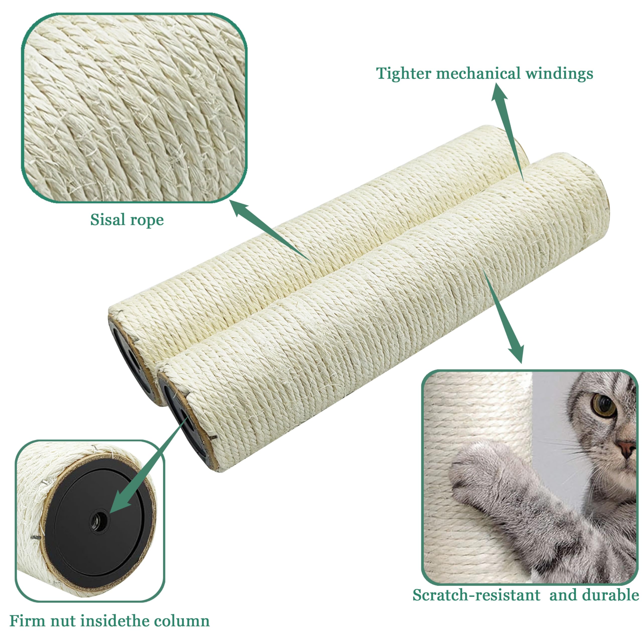 Cat Scratching Post Replacement Pole，2 PCS 11.81in Cat Tree Replacement Post，Natural Sisal Cat Tree Replacement Parts with M8 Screws，Cat Scratch Post Replacement for Refurbishment (11.8in/30cm)