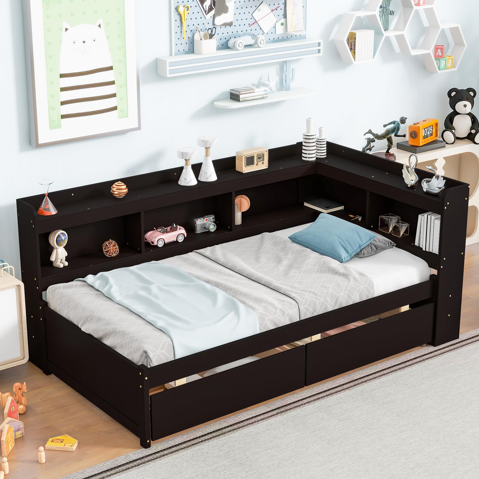 Harper & Bright Designs Twin Bed Frame with L-Shaped Bookcases, Wooden Twin Size Platform Bed with 2 Storage Drawers,Twin Bed with Storage for Kids Teens Girls Boys, Espresso