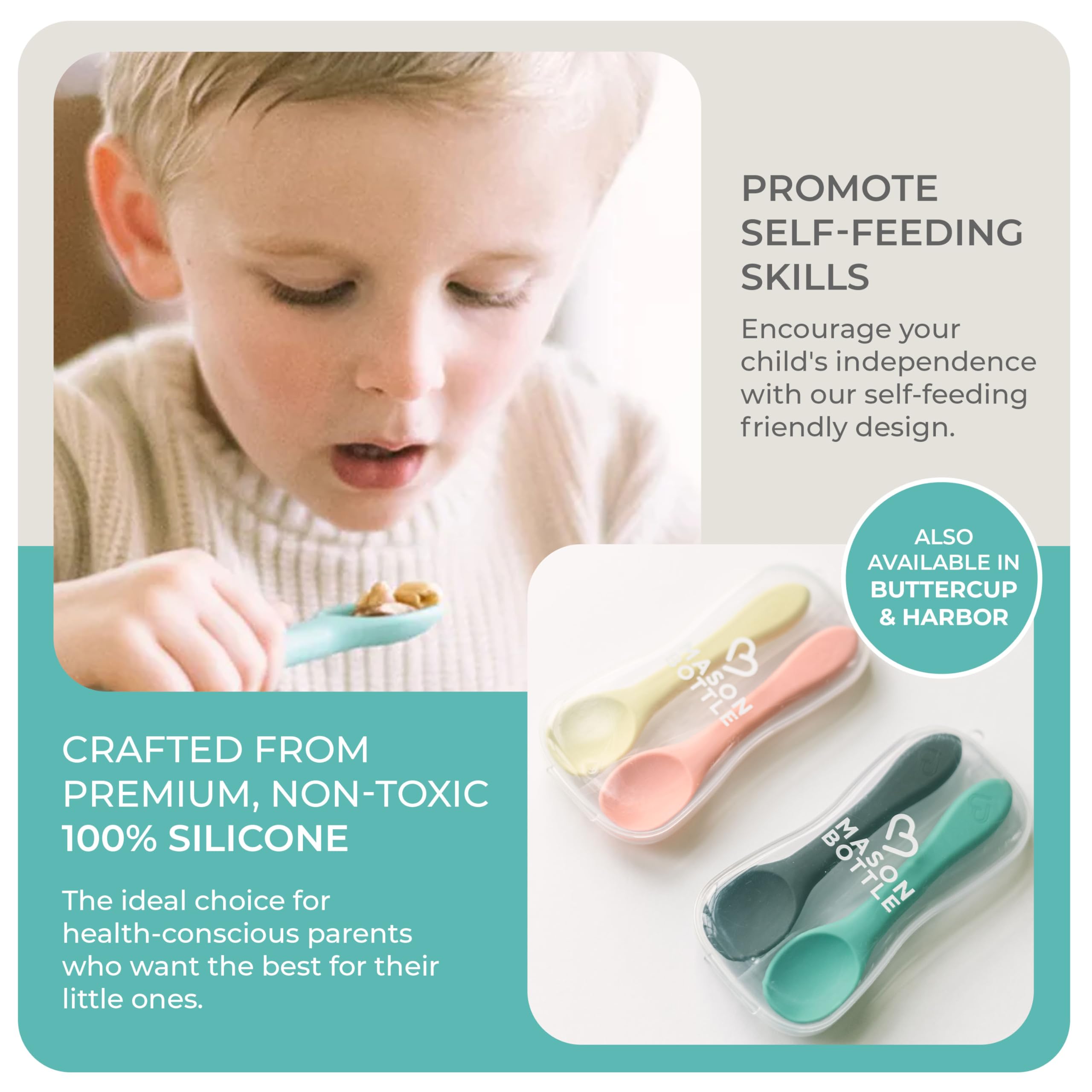 Mason Bottle Silicone Baby Spoons (2-Pack) - Feeding Spoons for Babies 6-12 Months & Up - BPA-Free, Non Toxic Baby Spoons - Baby Puree Spoons, Infant Utensils w/Case (Teal & Grey)