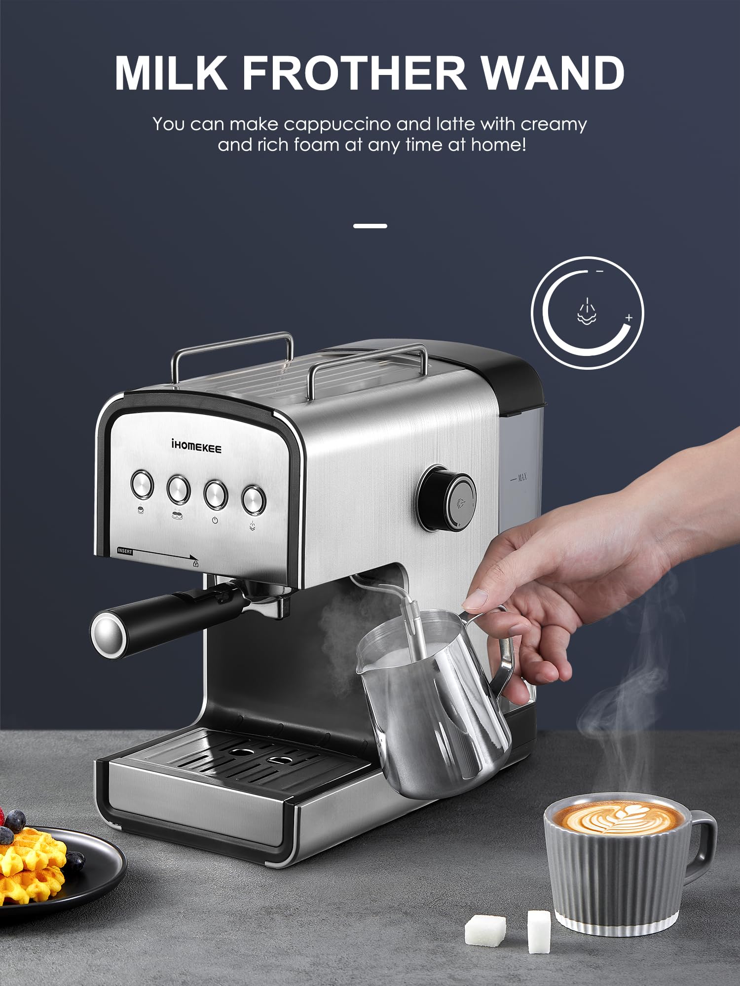 Ihomekee Espresso machine, CM6822 15 Bar Coffee Maker for Cappuccino and Latte Maker With Milk Frother, Removable Water Tank, Fast Heating Coffee Machine for Home, Office