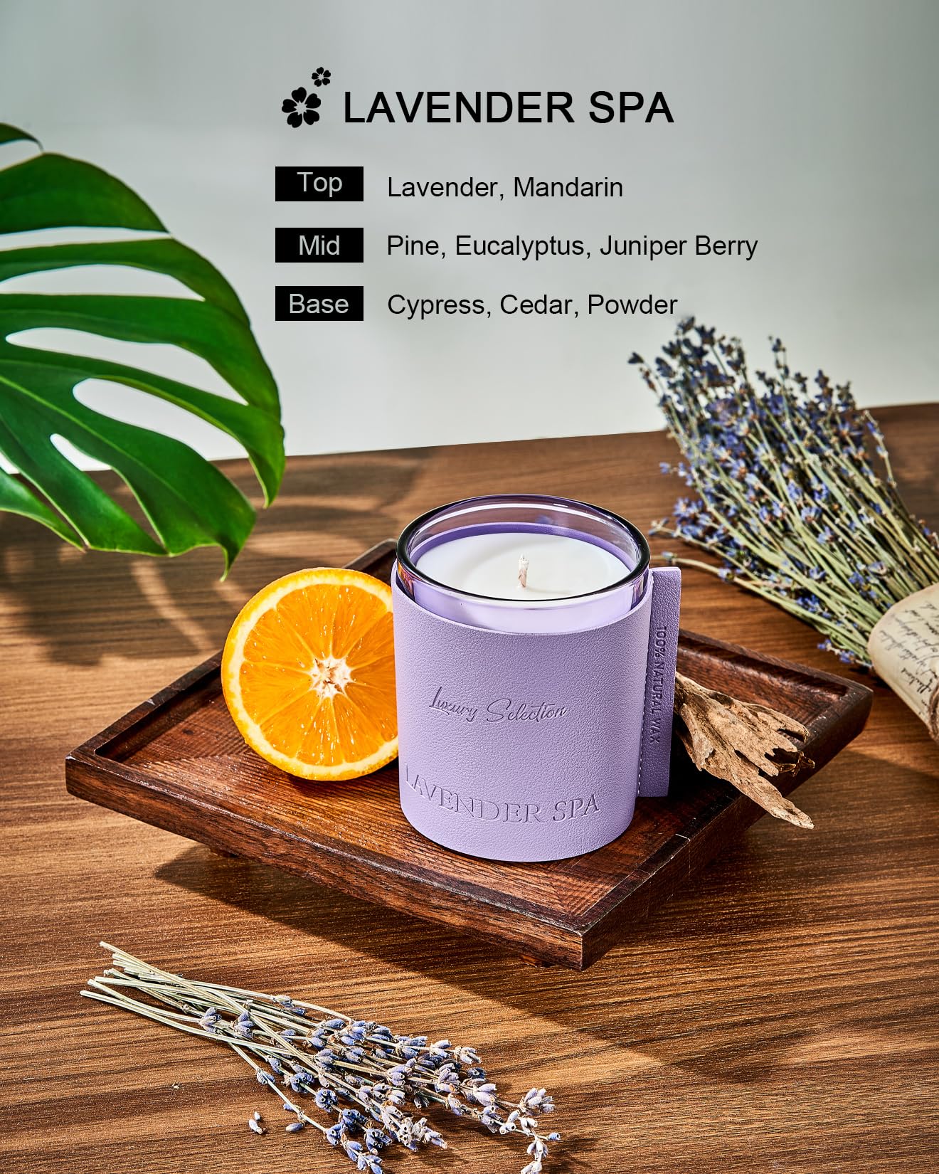 M&SENSE Lavender Spa Soy Candles for Home Scented, Stress Relief Aromatherapy Candles for Meditation Spa Yoga, Leather Wrapped Luxury Candle Gifts for Women,40 Hours Long Lasting, 7.4oz