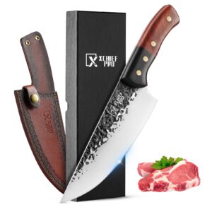 xchief pro 7" chef knife - butcher knife for meat, japanese high carbon meat cleaver knife, hand forged meat cutting knife, ultra sharp kitchen knife for home, camping bbq cooking knife