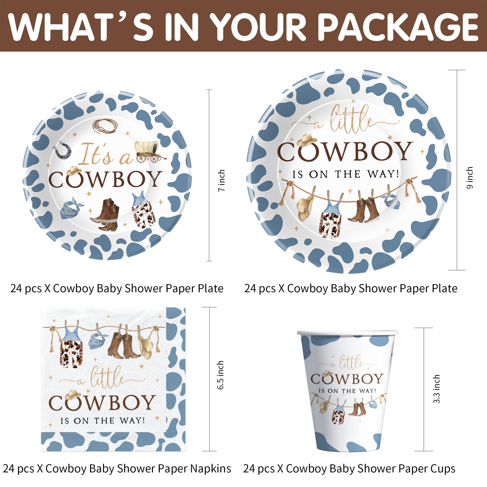 Xenorik Western Cowboy Baby Shower Decorations Tableware - Little Cowboy Baby Boy Table Decorations, Plate, Cup, Napkin, Tablecloth, Cutlery, Cowboy Wild West Rodeo Baby Shower Supplies | Serve 24