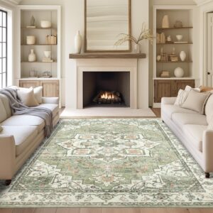 restydon 8x10 rug,area rugs for living room,non-slip backing washable rugs,vintage printed large area rug, stain resistant home decor rug (light green,8'x10')