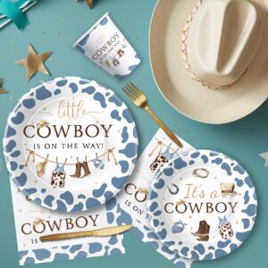 Xenorik Western Cowboy Baby Shower Decorations Tableware - Little Cowboy Baby Boy Table Decorations, Plate, Cup, Napkin, Tablecloth, Cutlery, Cowboy Wild West Rodeo Baby Shower Supplies | Serve 24