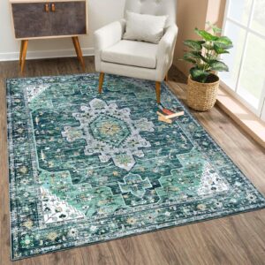 shacos 3x5 ft boho area rug for entryway washable entry rug indoor doormat oriental vintage design non slip ultra thin throw rugs for entrance living room bedroom kitchen, teal blue 3'x5'