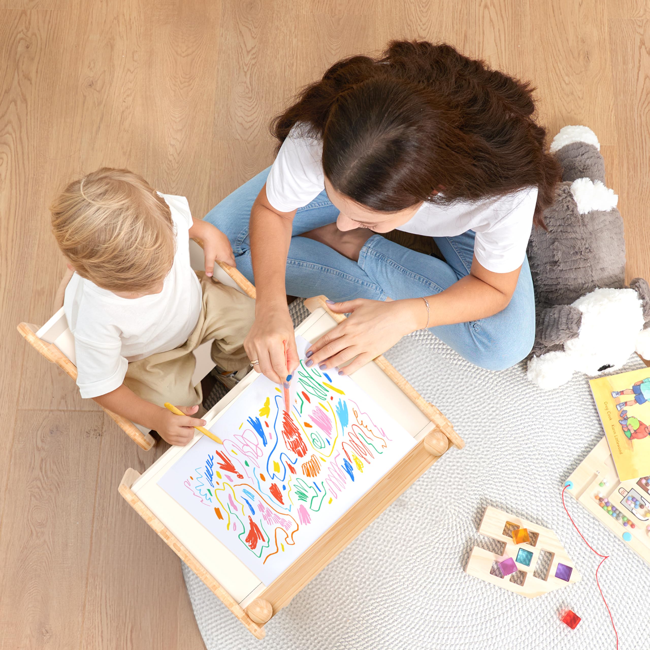 Woodtoe Kids Table and Chair Set with Storage & Chalkboard, Height Adjustable Toddler Chair, Montessori Art Table and Chair Set, Natural Wooden Activity Table, Drawing Dinner Desk for Baby Toddlers 1+