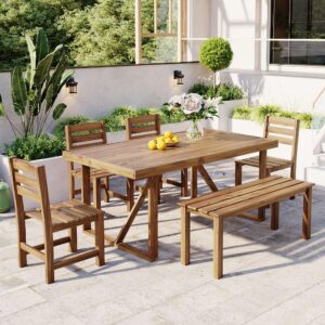 6 person outdoor acacia wood dining table set, all weather 6 pieces conversation set, 60'' rectangle dining table with 4 chairs and bench for patio backyard garden poolside balcony (natural-26)