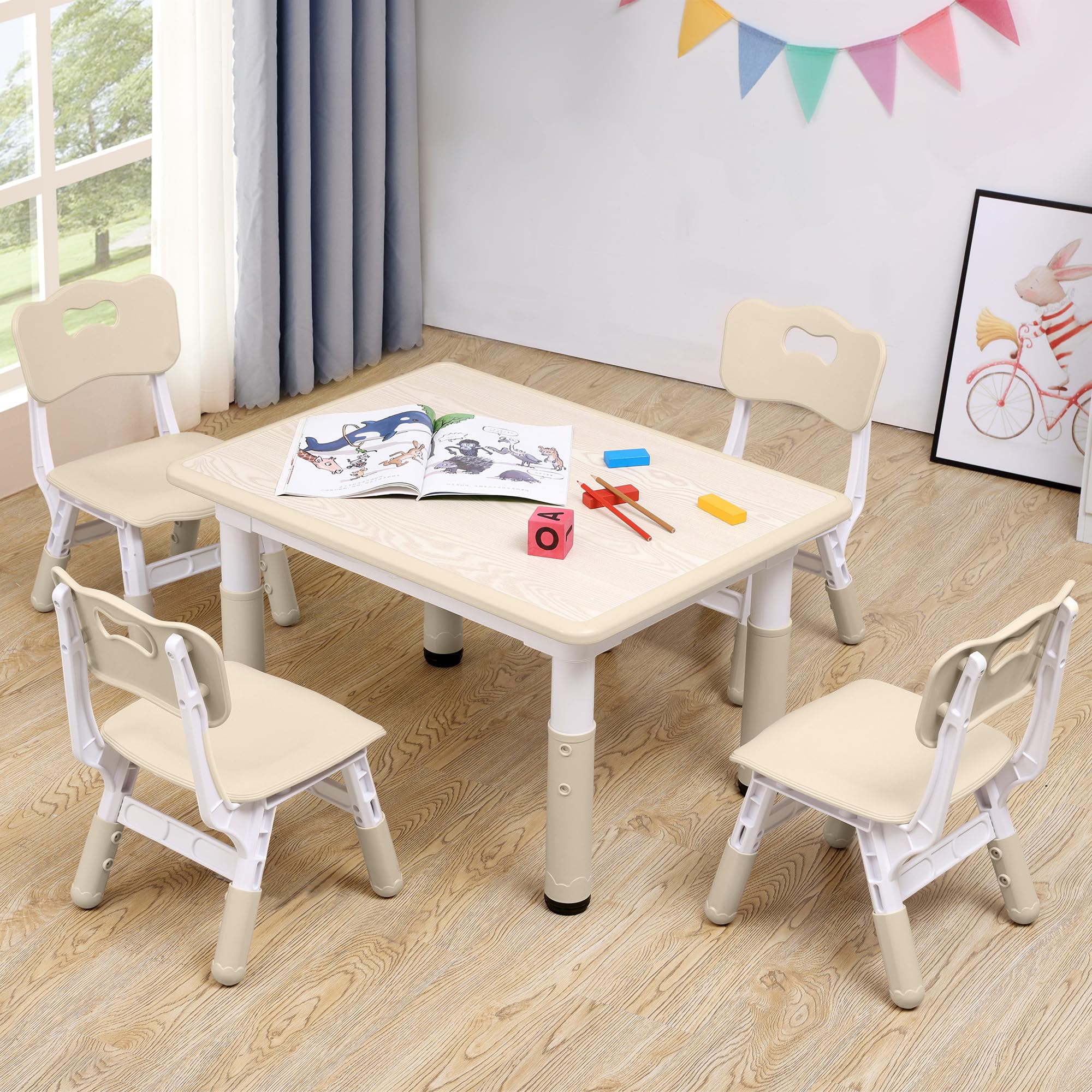 CuFun Kids Table and Chairs Set, Height-Adjustable Toddler Table and Chairs Set for Age 3-8, 31.5''Lx23.6''W Graffiti Desktop, Kids Activity Table for Daycare, Classroom, Home (Natural-Wood, 4 Chairs)