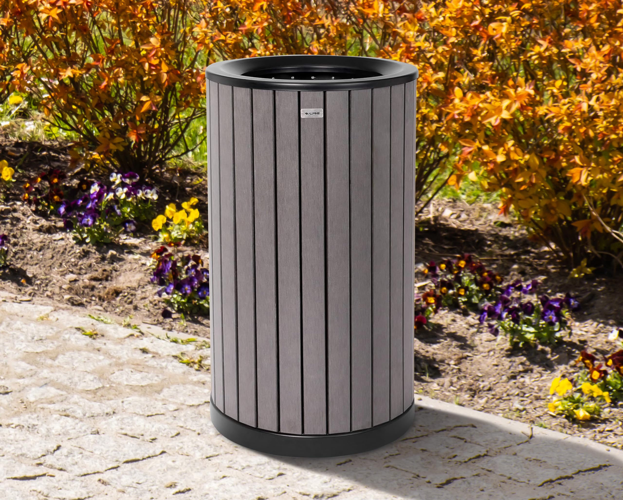 Alpine 32 Gallon Commercial Outdoor Trash Can - Heavy Duty Garbage Can Outdoor, Industrial Open Top Trash Can with Plastic Panels for Patio, Parks, Trails, Resorts (Flat Lid - Grey)