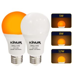 kinur 3 way light bulbs 30 70 100 equivalent 2000k a19 amber light bulbs e26 base indoor 3-way light bulbs 400lm-600lm-1000lm for for baby nursery sleeping bedtime reading bedroom 2 pack