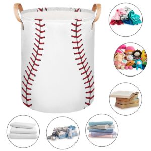 Large Laundry Basket Baseball Texture Laundry Hamper with Leather Handle, Sport Baseball Collapsible Organizer Basket Freestanding Tall Clothes Hamper for Bathroom Bedroom Living Room