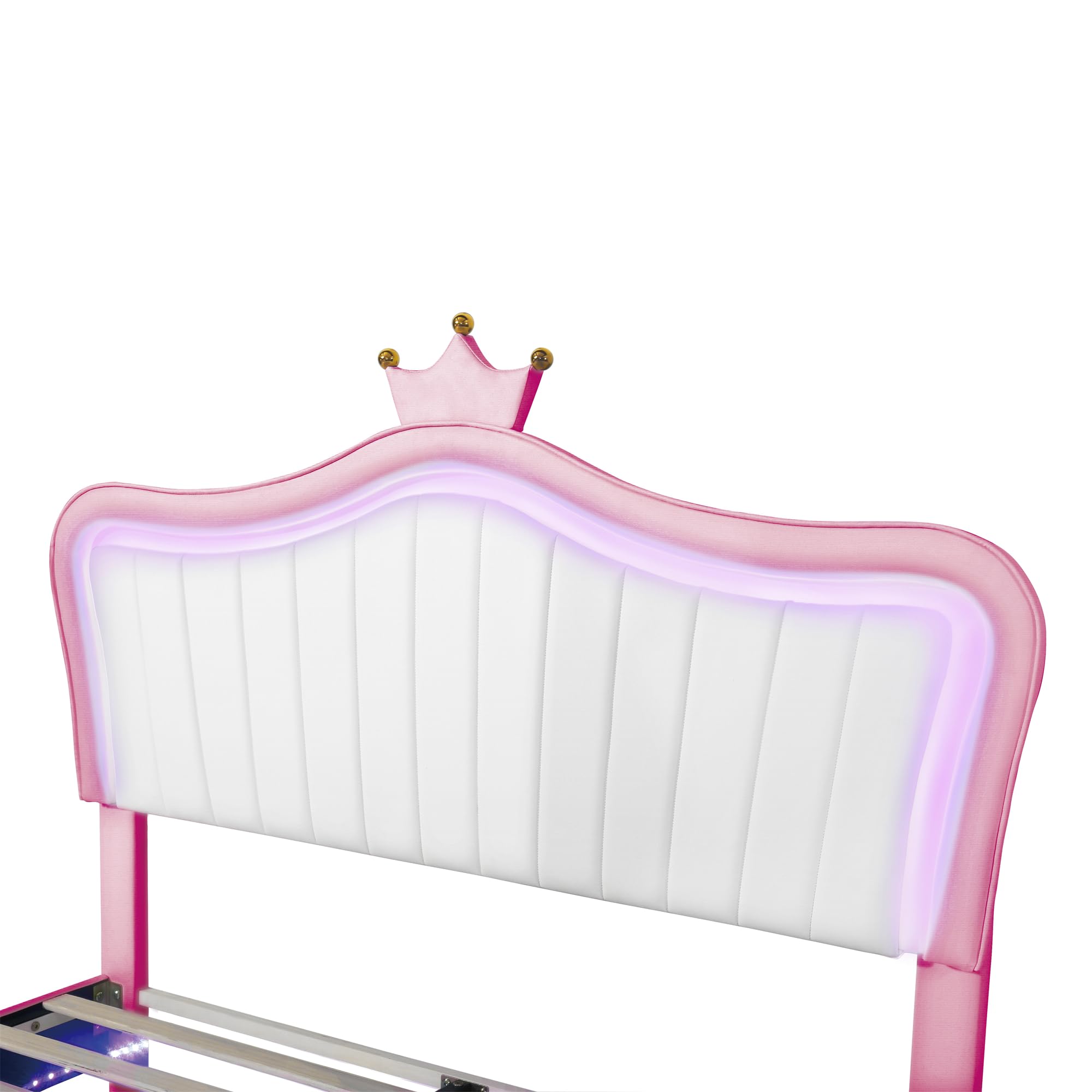 KTATK Queen Size Upholstered Bed Frame with Crown Headboard and LED Lights,Bedroom Wooden Princess Bed w/Metal Feets,Velcro Slats Support Design,for Girls,White+Pink