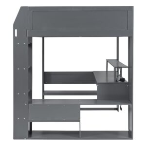 Merax Loft Bed Full Size with Gaming Desk, Mulfunctional Wood Loft Bed with Storage Shelves, Drawer and Charging Station, for Teens Adults (Dark Grey)