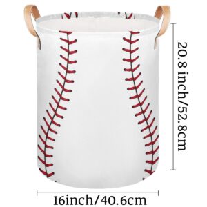 Large Laundry Basket Baseball Texture Laundry Hamper with Leather Handle, Sport Baseball Collapsible Organizer Basket Freestanding Tall Clothes Hamper for Bathroom Bedroom Living Room