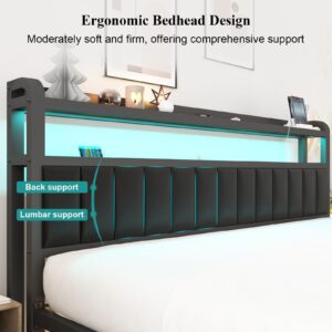 LoVinson Queen Bed Frame with Storage Headboard and LED Sensor Lights, Upholstered Headboard with Charging Station, Metal Platform Bed with Drawers, Noise-Free, Non-Slip, Black