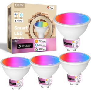 moes matter smart gu10 led light bulbs, color changing wifi smart bulbs, 2700k-6500k cw& rgb dimmable, smart life remote control, work with apple homekit/alexa/google home, 400lm 5w 4 pack