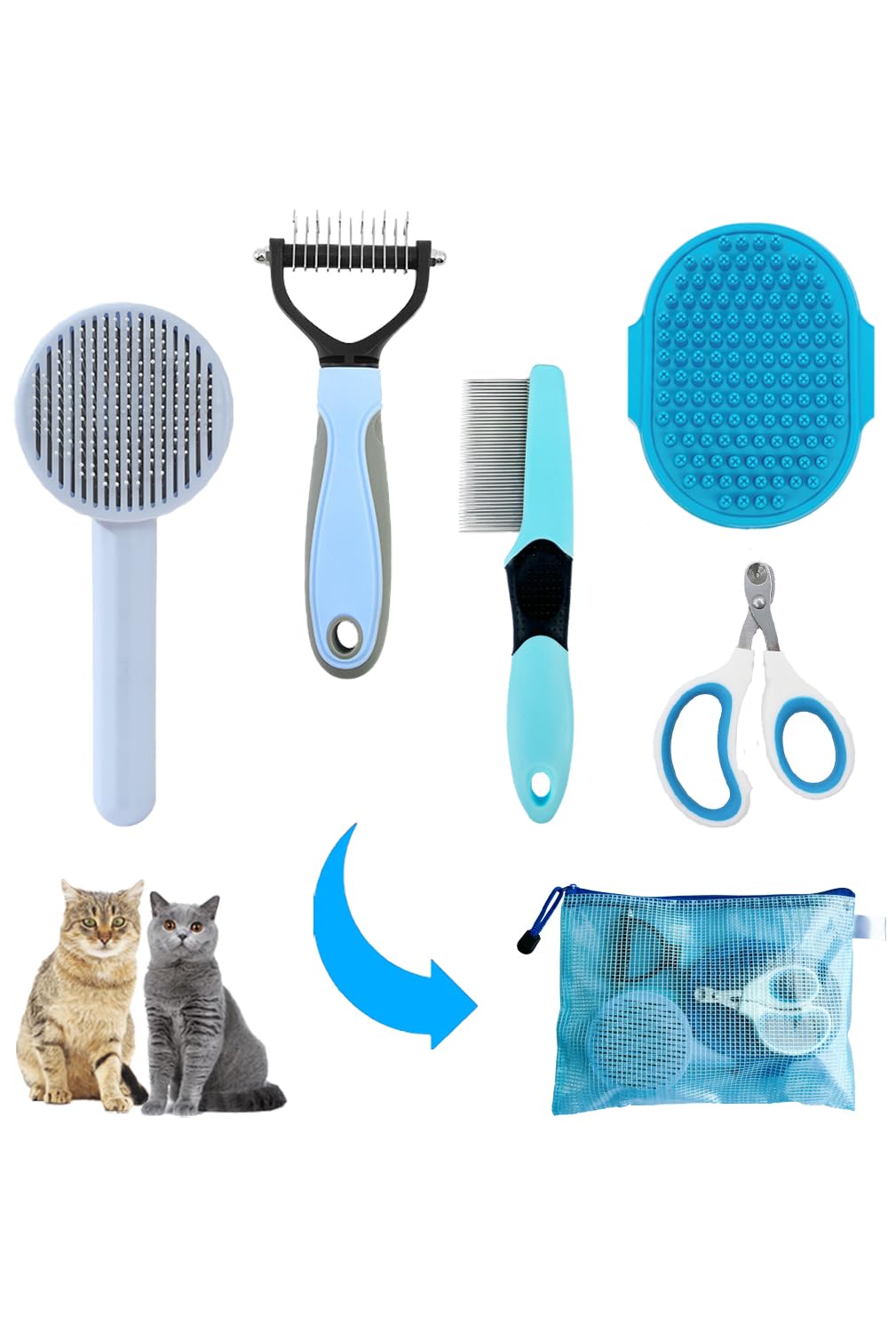 Grooming Brush Kit - 5pcs for Shedding & Matted Fur, Self-Cleaning with Flea Comb for Indoor Long-Haired Cats, Blue