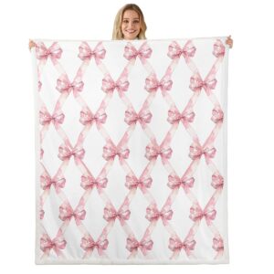 pink bowknot fleece blanket,dreamy princess style kids girls plush blanket for kids teens,lovely room decor,watercolor bow geometric grids white flannel blanket,twin 60"x80"