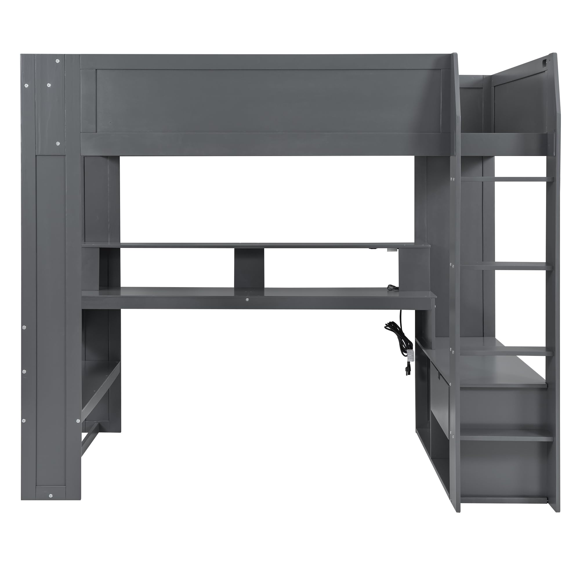 Merax Loft Bed Full Size with Gaming Desk, Mulfunctional Wood Loft Bed with Storage Shelves, Drawer and Charging Station, for Teens Adults (Dark Grey)