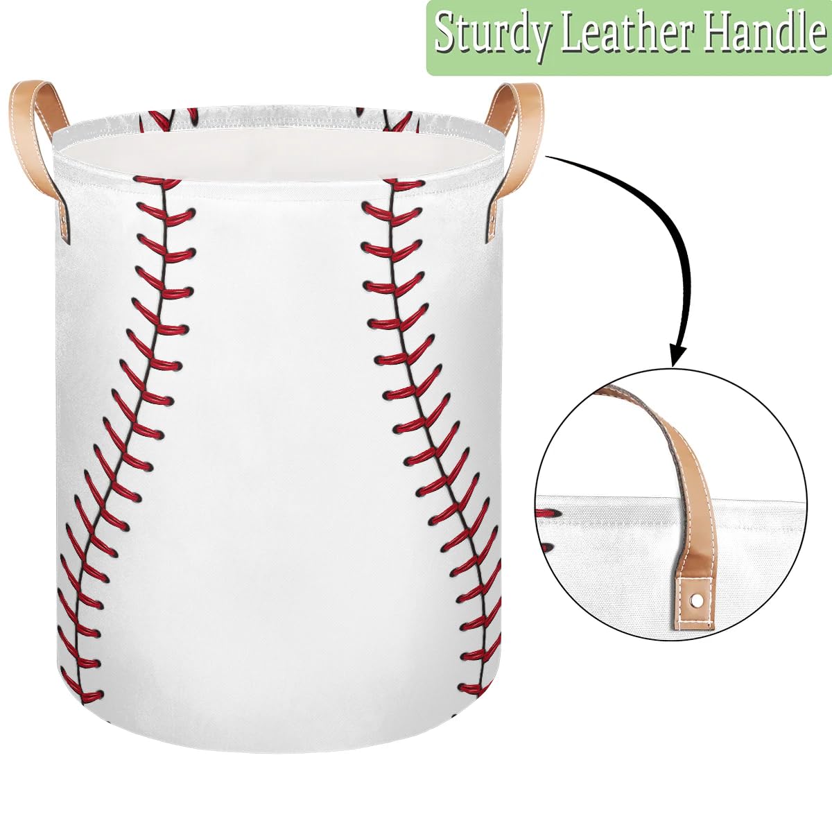 Large Laundry Basket Baseball Texture Laundry Hamper with Leather Handle, Sport Baseball Collapsible Organizer Basket Freestanding Tall Clothes Hamper for Bathroom Bedroom Living Room