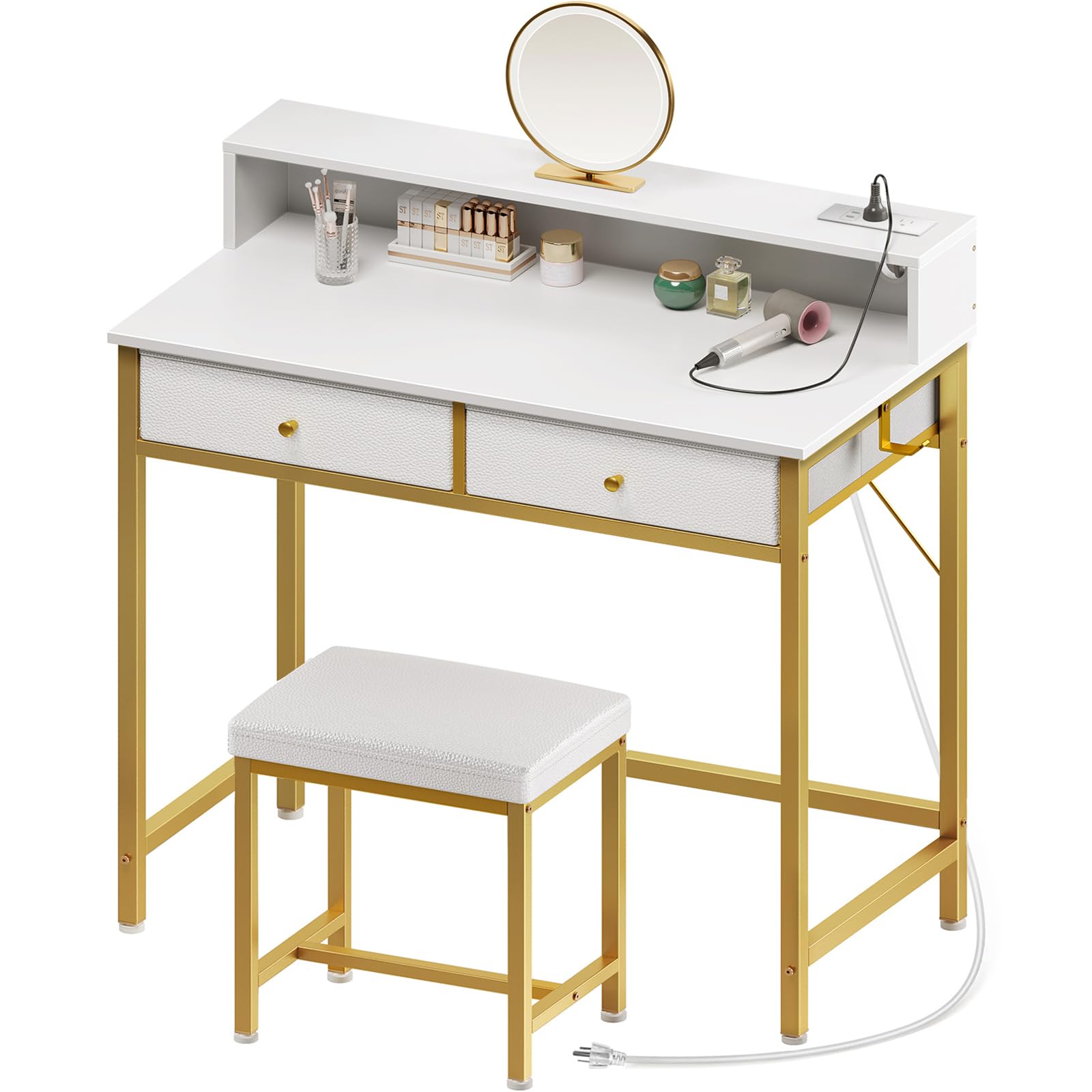 Seventable Vanity Desk Without Mirror, Makeup Vanity with Drawers and Charging Station, Small Desk with Storage for Bedroom, Simple Home Office Computer Desk for Small Spaces, White and Gold Leg