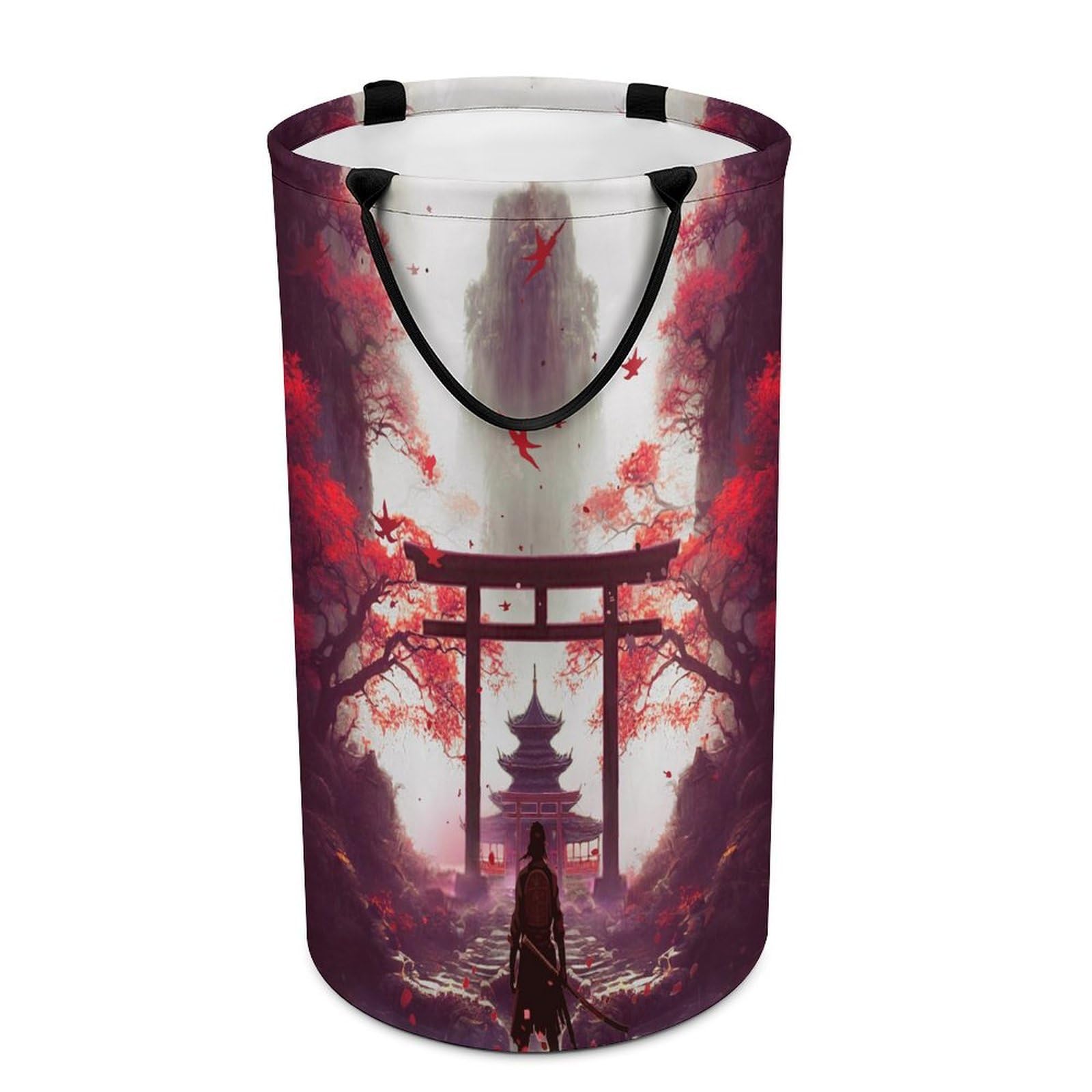 Fantasy Burgundy Nature Landscape Laundry Hamper Dirty Clothes,Watercolor Cool Japanese Torii Samurai Cabin Autumn Falling Leaves Large Laundry Basket Storage Basket For Bathroom 15.7W" X27.2H"