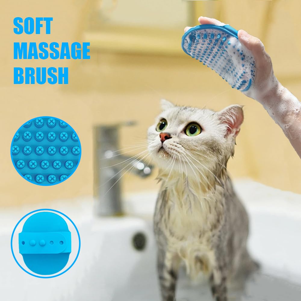 Grooming Brush Kit - 5pcs for Shedding & Matted Fur, Self-Cleaning with Flea Comb for Indoor Long-Haired Cats, Blue