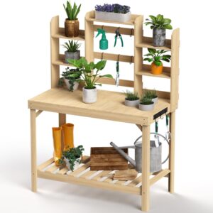 highpro outdoors potting benches table, garden work table outside, wooden workstation table with storage shelf