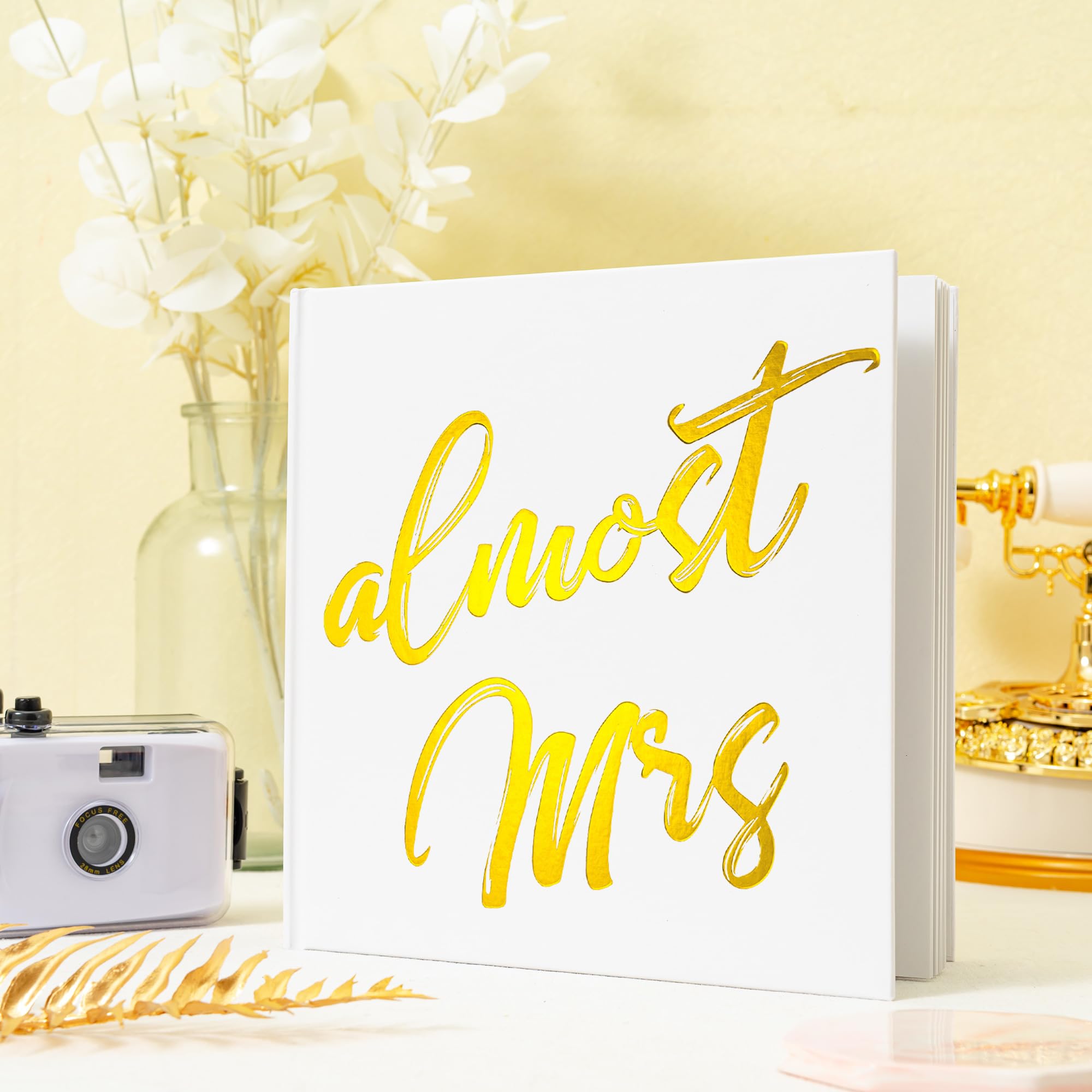 Calculs Almost Mrs Wedding Shower Guest Book Bachelorette Party Picture Book Polaroid 8.5” Square Bridal Blank Pages Guestbook White Cover Gold Gilding