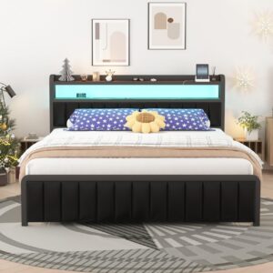 LoVinson Queen Bed Frame with Storage Headboard and LED Sensor Lights, Upholstered Headboard with Charging Station, Metal Platform Bed with Drawers, Noise-Free, Non-Slip, Black