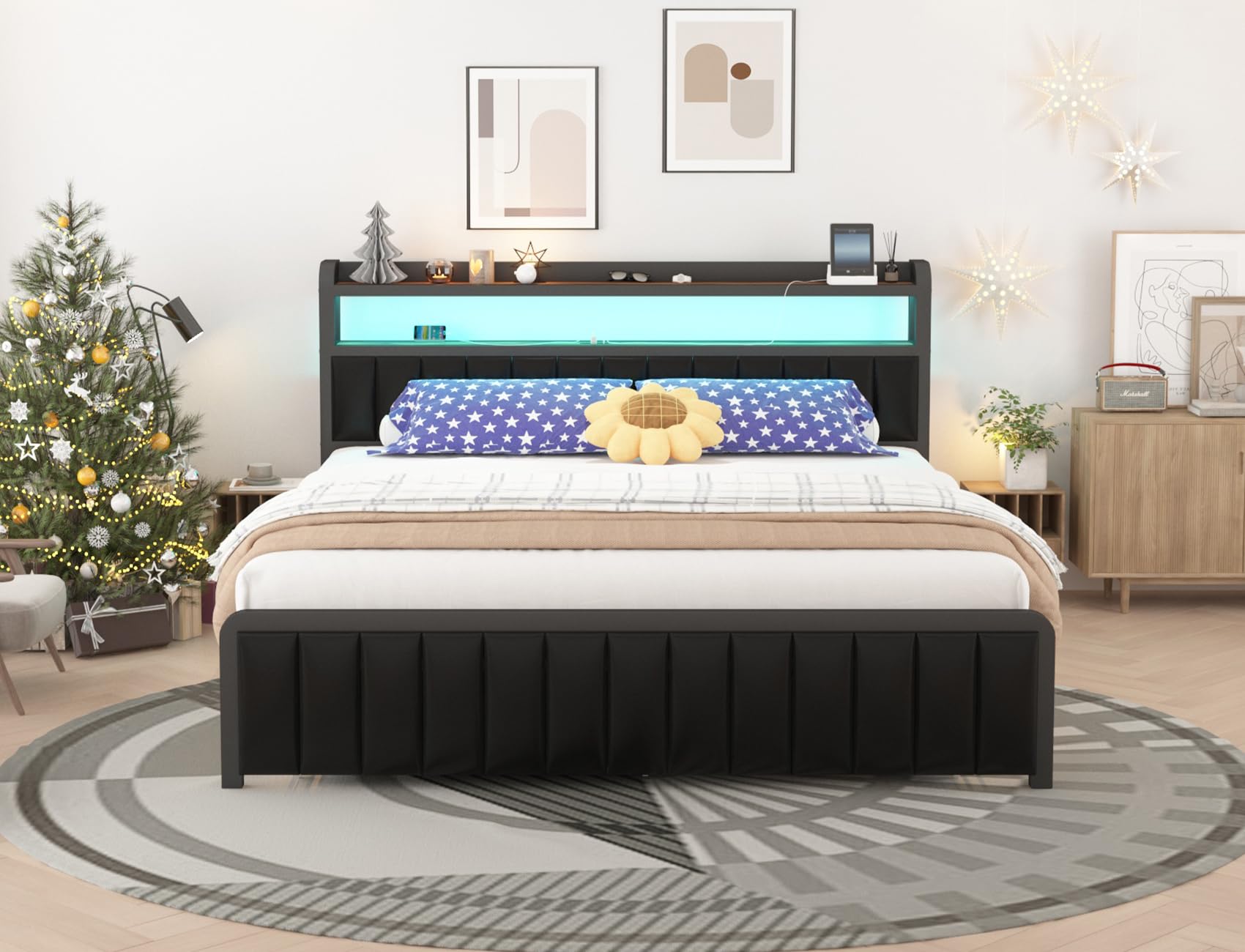 LoVinson Queen Bed Frame with Storage Headboard and LED Sensor Lights, Upholstered Headboard with Charging Station, Metal Platform Bed with Drawers, Noise-Free, Non-Slip, Black