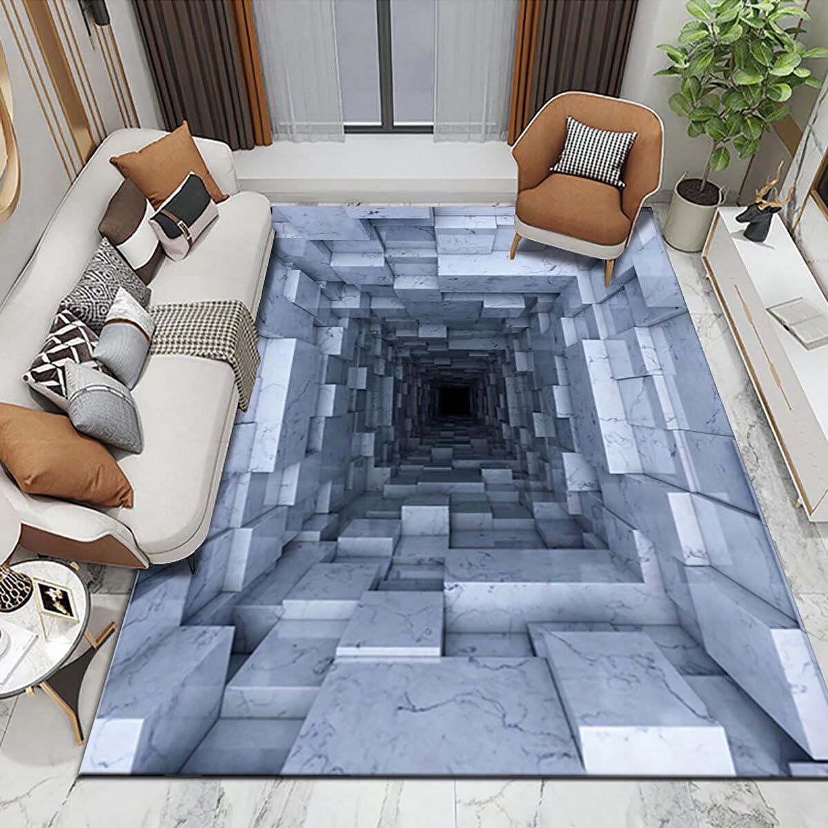 Qkjtyt Marble Brick Bottomless Hole Floor Rugs Carpet Mat for Kids Playroom 3D Trap Optical Visual Illusion Area Rug Home Office Decor,3'x5'