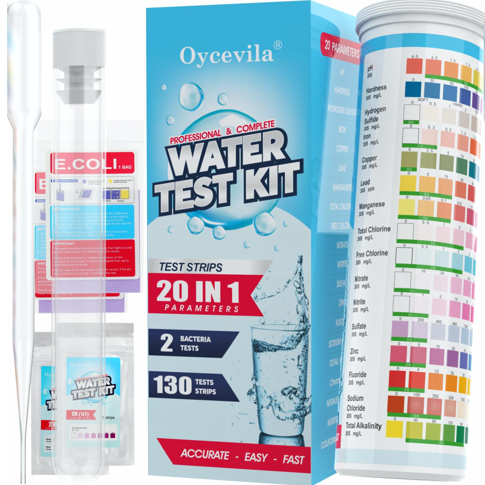 20 in 1 Water Testing Kit Home, Easy & Simple Drinking Water Test Kit & Well Water Test Kit, 130 Strips Water Test Strips for Hardness, pH, Lead, Iron, Fluoride, Chlorine, Bacteria, Etc - by Oycevila