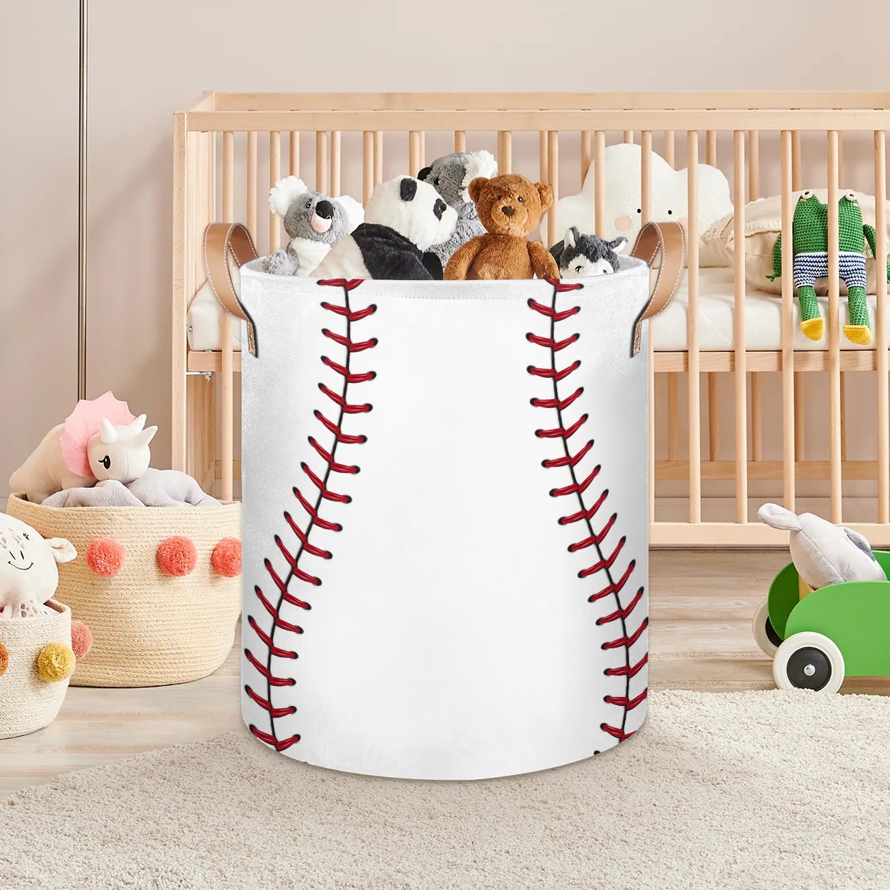 Large Laundry Basket Baseball Texture Laundry Hamper with Leather Handle, Sport Baseball Collapsible Organizer Basket Freestanding Tall Clothes Hamper for Bathroom Bedroom Living Room