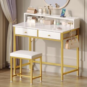 seventable vanity desk without mirror, makeup vanity with drawers and charging station, small desk with storage for bedroom, simple home office computer desk for small spaces, white and gold leg