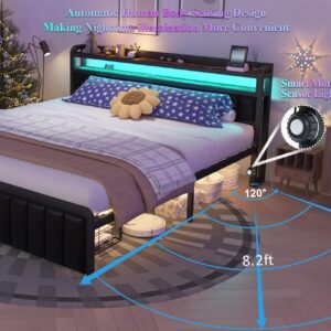 LoVinson Queen Bed Frame with Storage Headboard and LED Sensor Lights, Upholstered Headboard with Charging Station, Metal Platform Bed with Drawers, Noise-Free, Non-Slip, Black