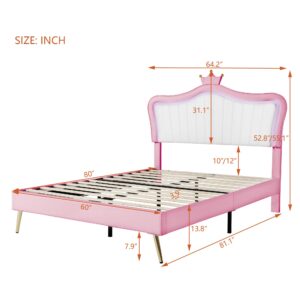 KTATK Queen Size Upholstered Bed Frame with Crown Headboard and LED Lights,Bedroom Wooden Princess Bed w/Metal Feets,Velcro Slats Support Design,for Girls,White+Pink