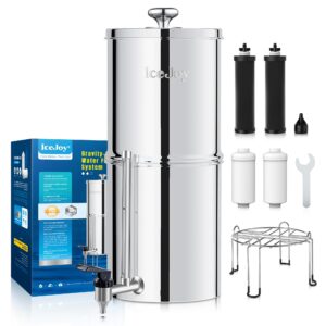 icejoy 8-stage gravity water filtration system 3.0 gallon - 304 stainless steel countertop system with 4 filters and stand, reduce 99.9% chlorine, nsf/ansi 42 certification